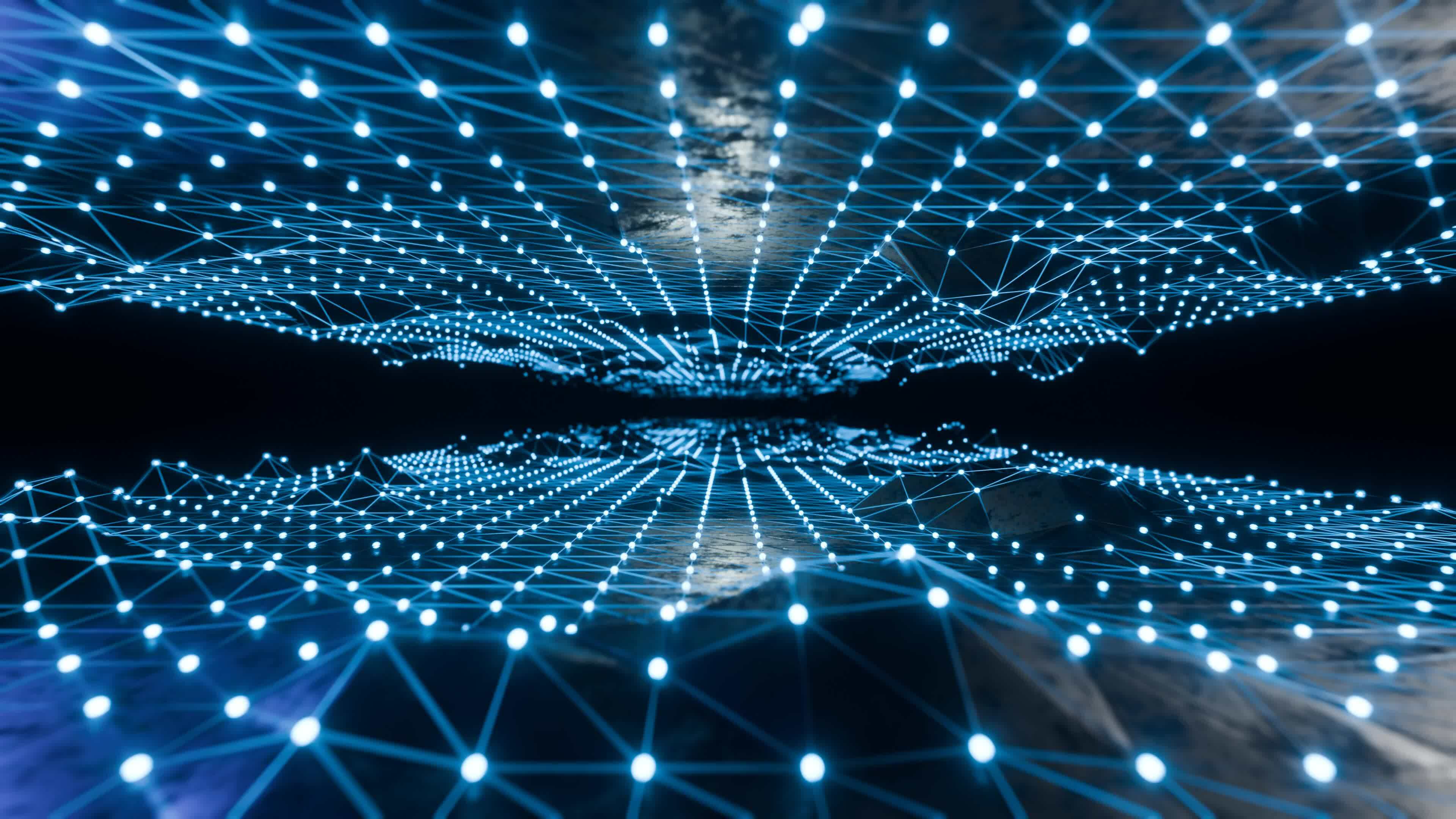 blue abstract background with a network grid and particles connected ...