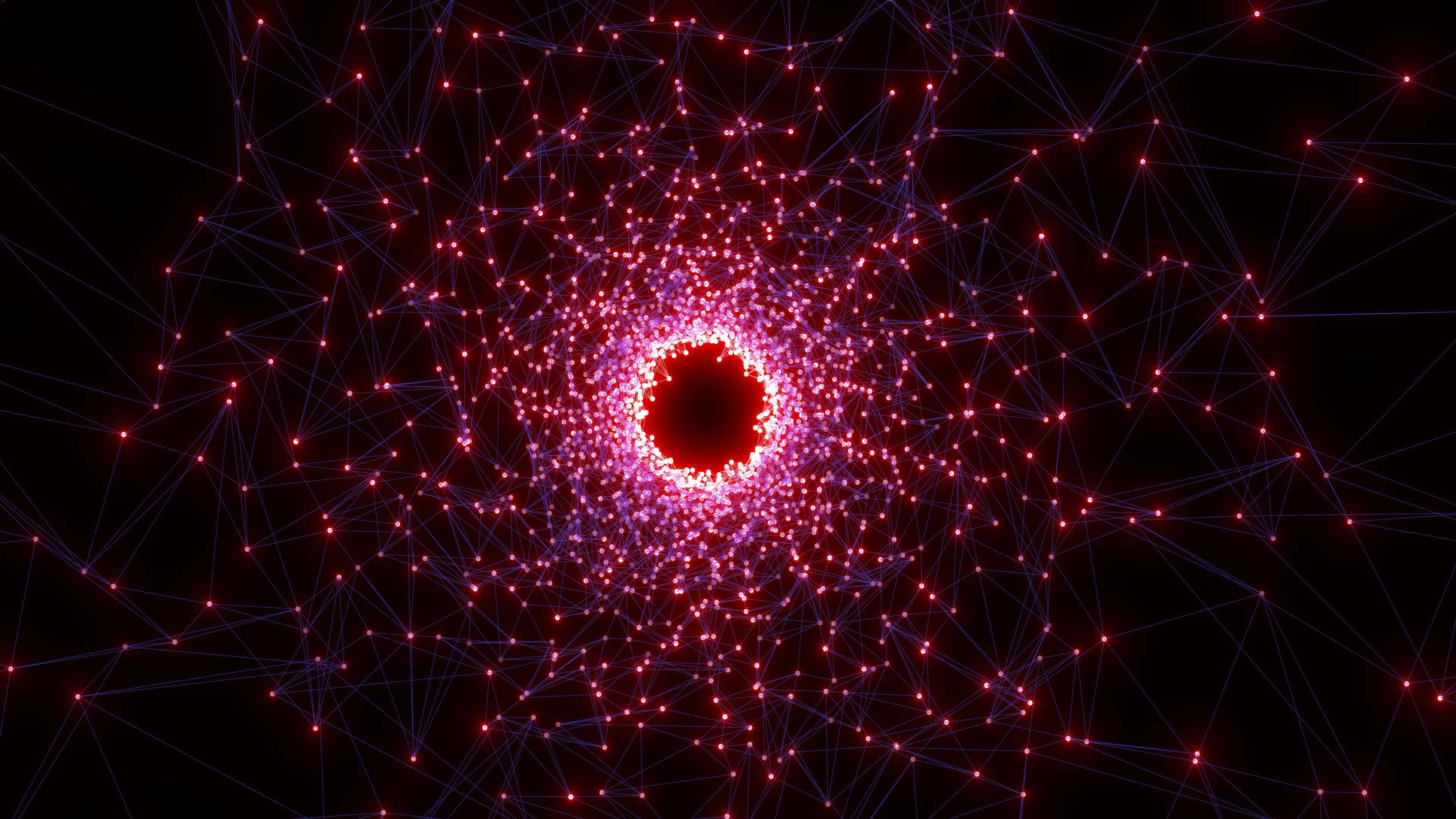 Shiny red energy digital tunnel plexus made of lines and triangles hi-tech futuristic magical ...