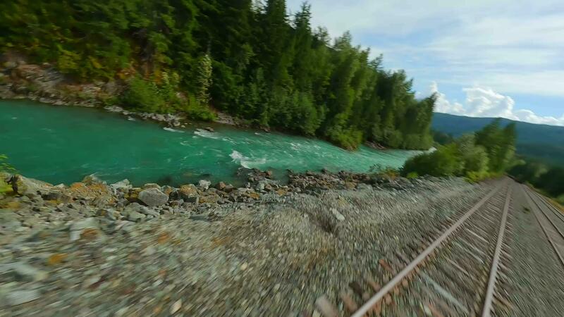 FPV drone flight over the fast moving river with rapids, close to the ...