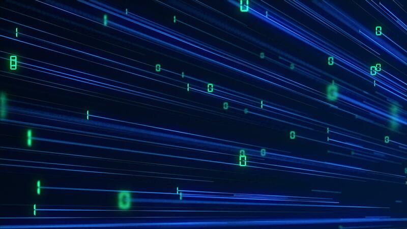 A high speed stream of blue fiber optic digital data light beams with ...