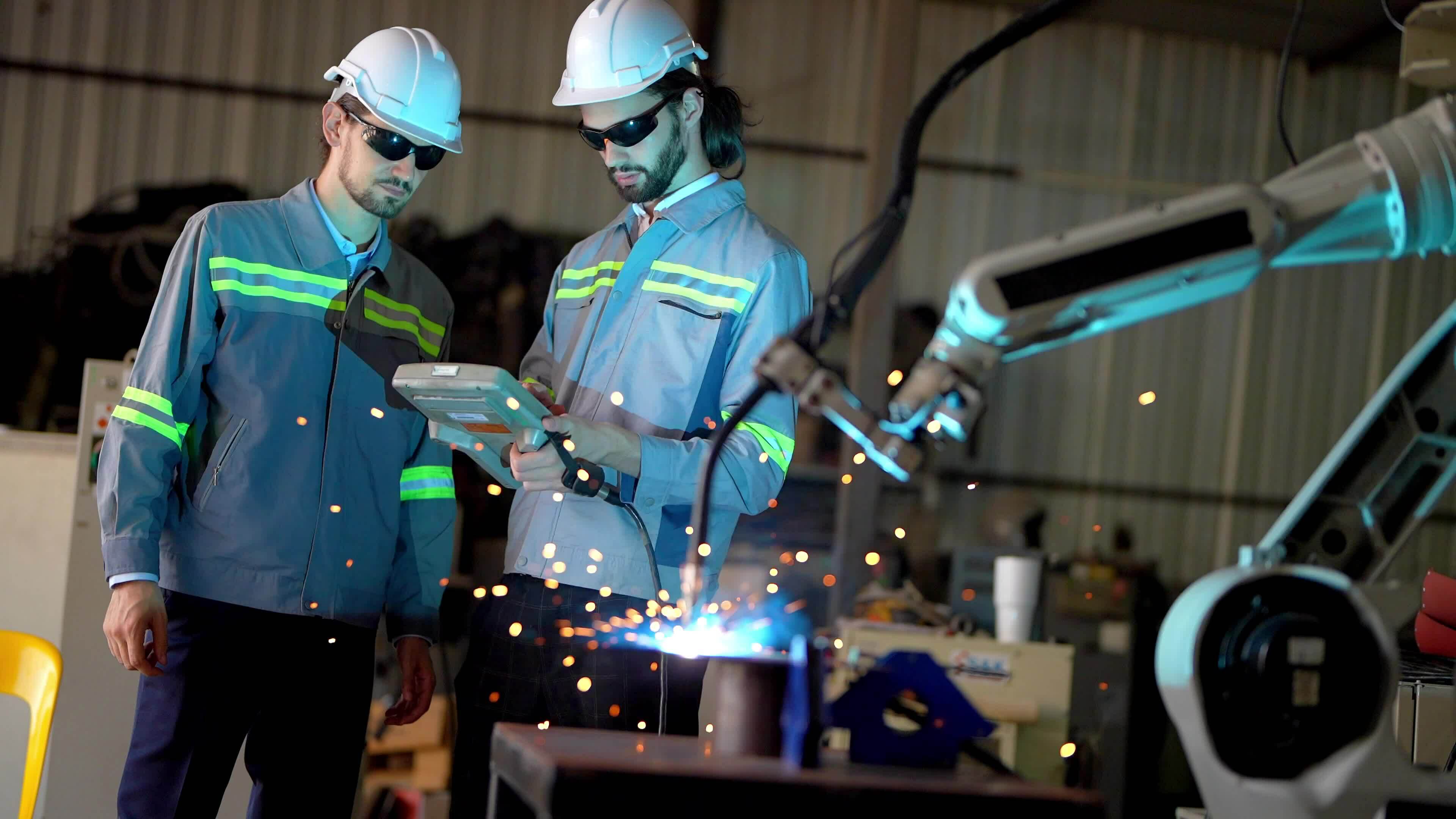 Factory Engineers Using Smart Control To Control The Arm Robot Machine For Cutting The Metal