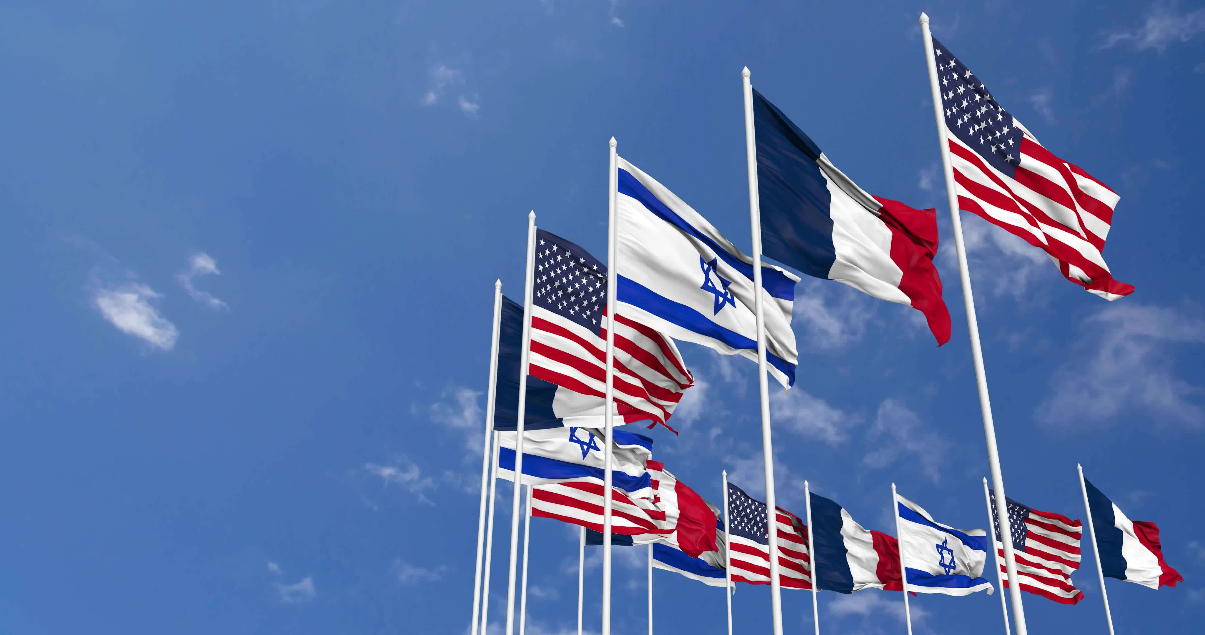 France, United States, USA and Israel Flags Waving Together in the Sky ... France, United States, USA and Israel Flags Waving Together in the Sky ...