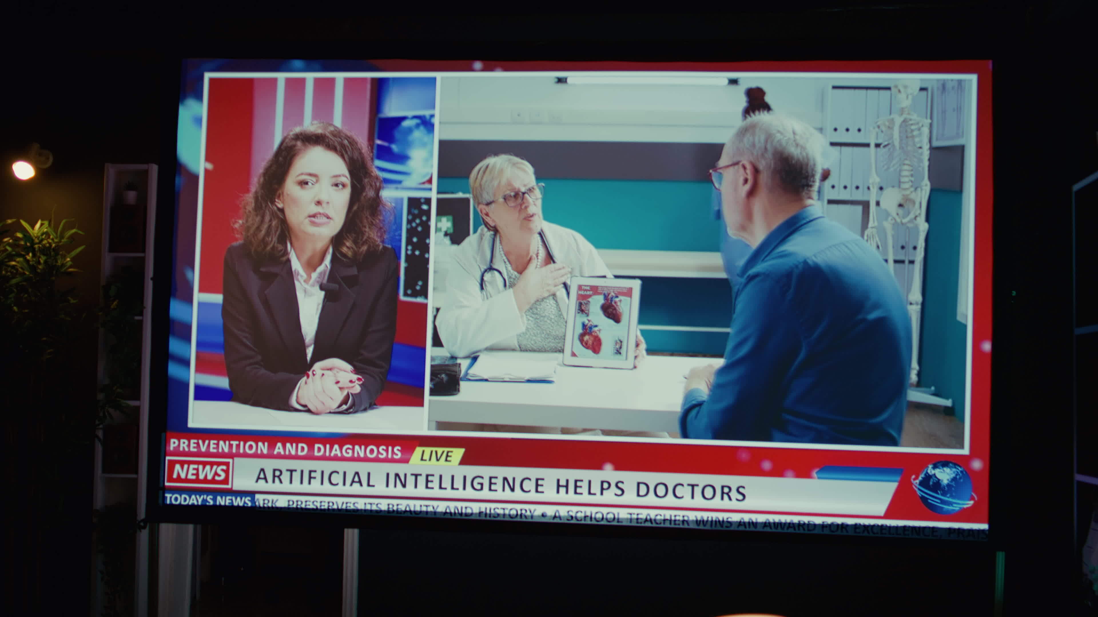 Close up of medical AI news discussed by presenter, displayed on smart TV in empty dark ...