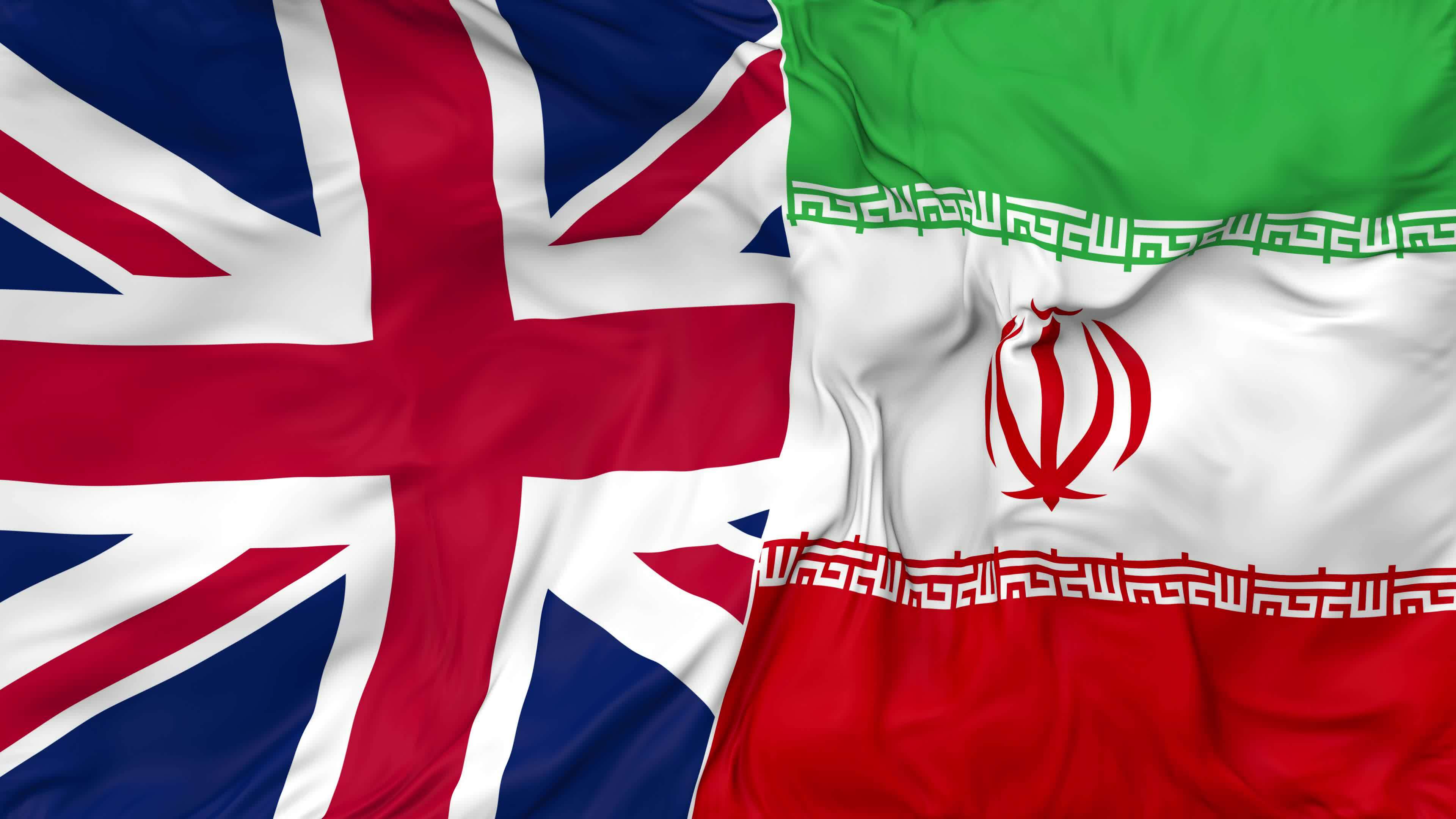 United Kingdom and Iran Flags Together Seamless Looping Background, Looped Bump Texture Cloth ...
