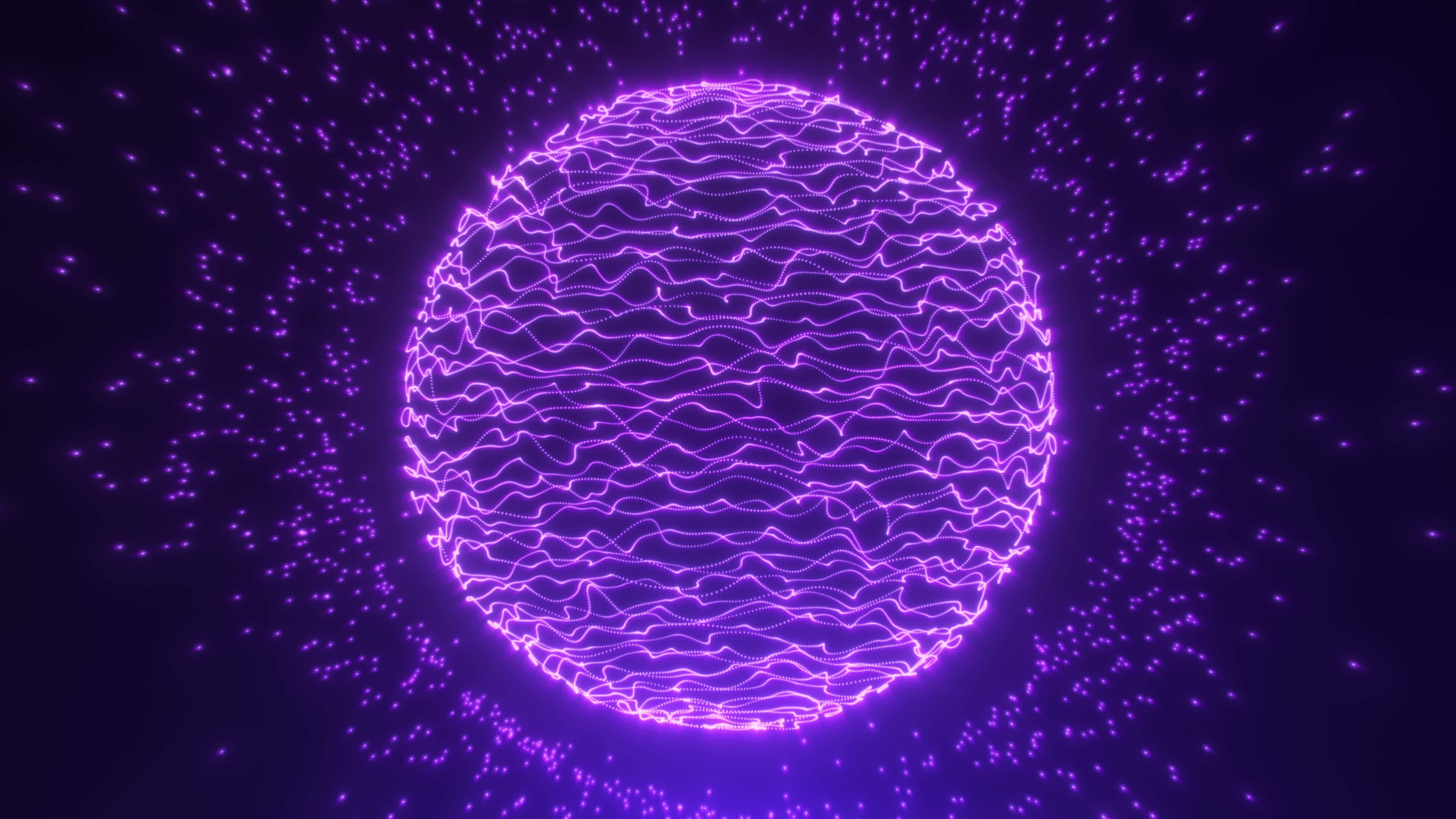 Abstract purple sphere made from waves rotating against a background of glowing particles. Neon ...