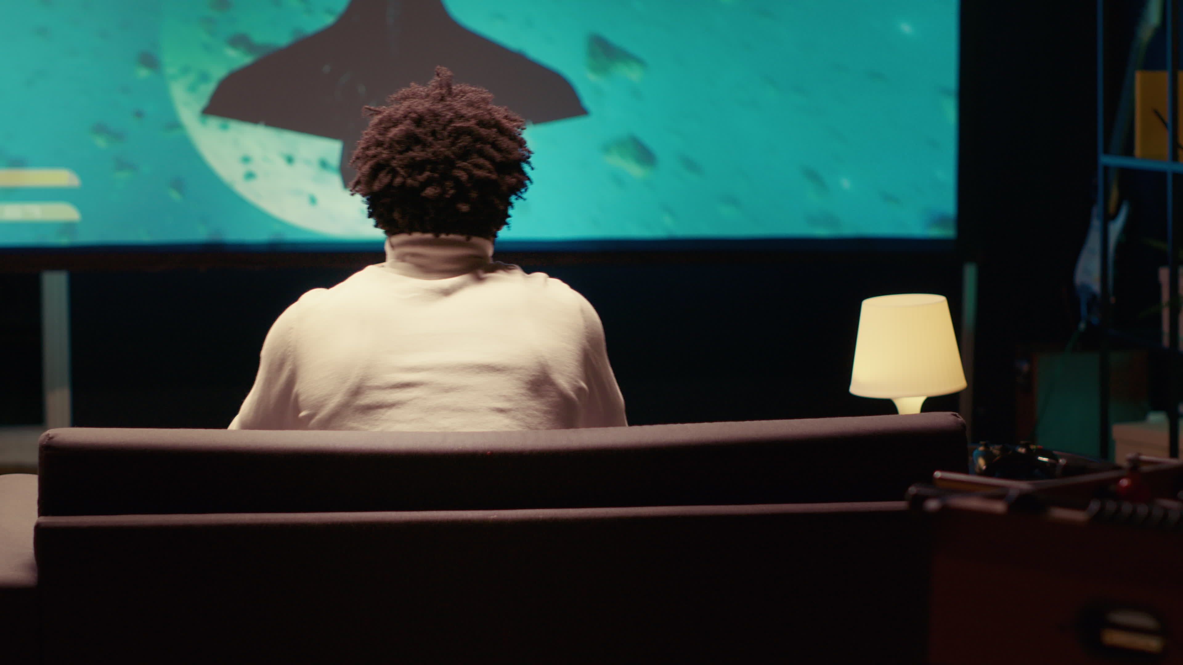 Gamer Plays Intense Classic Arcade Space Shooter Videogame Shooting Asteroids Using Spaceship