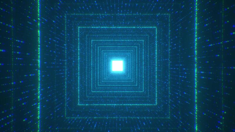 Flying into blue digital technologic tunnel. 3D Big data digital tunnel square with futuristic ...