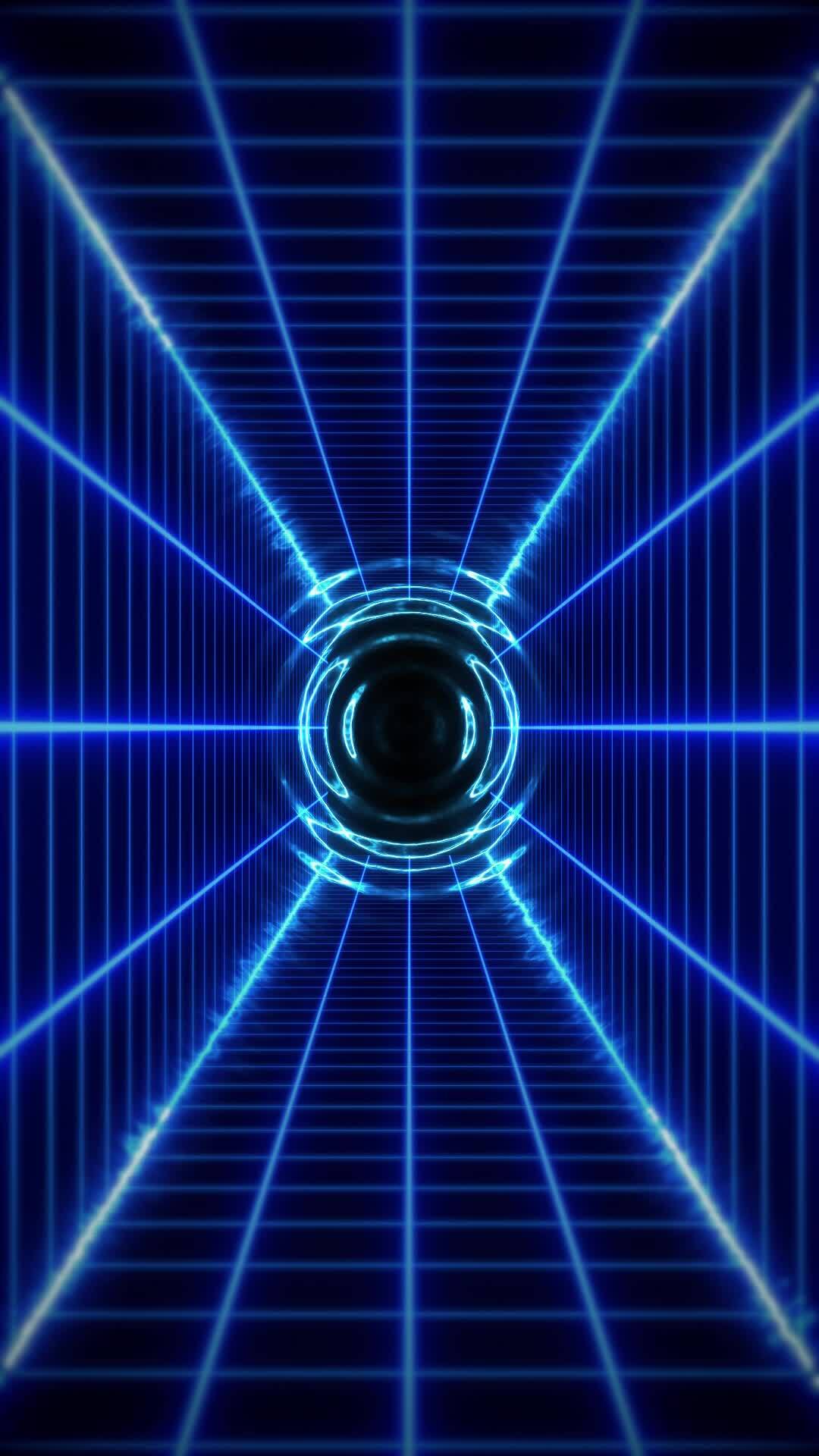 Vertical video - retro futuristic cyberpunk tunnel grid motion background with glowing blue neon ...