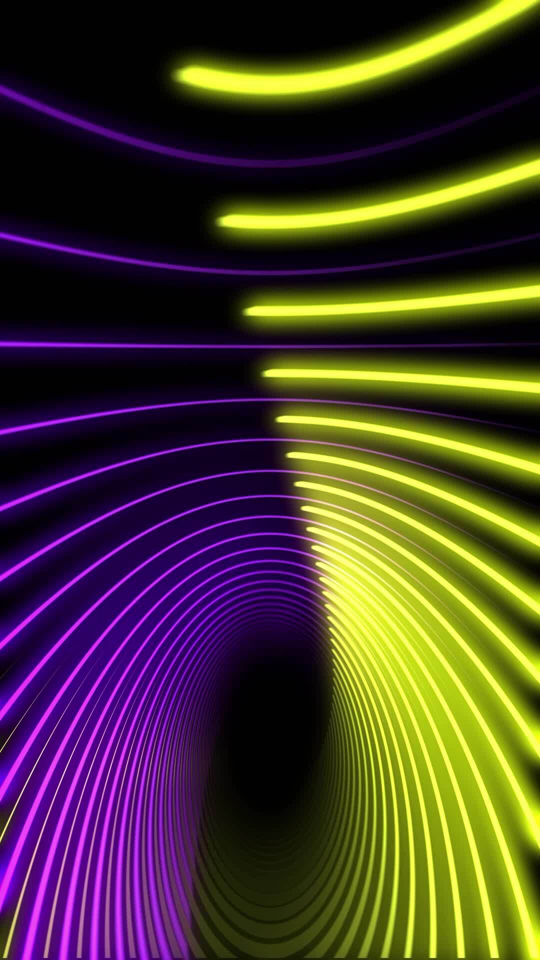 Vertical video - glowing purple and yellow neon circle light beams background. Full HD and ...