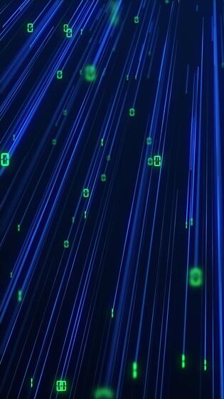 Vertical video - a high speed stream of blue fiber optic digital data light beams with flashing ...
