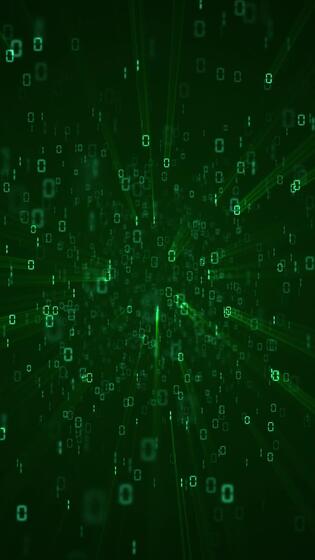 Vertical video - high speed flashing binary code ones and zeros streaming towards the camera ...