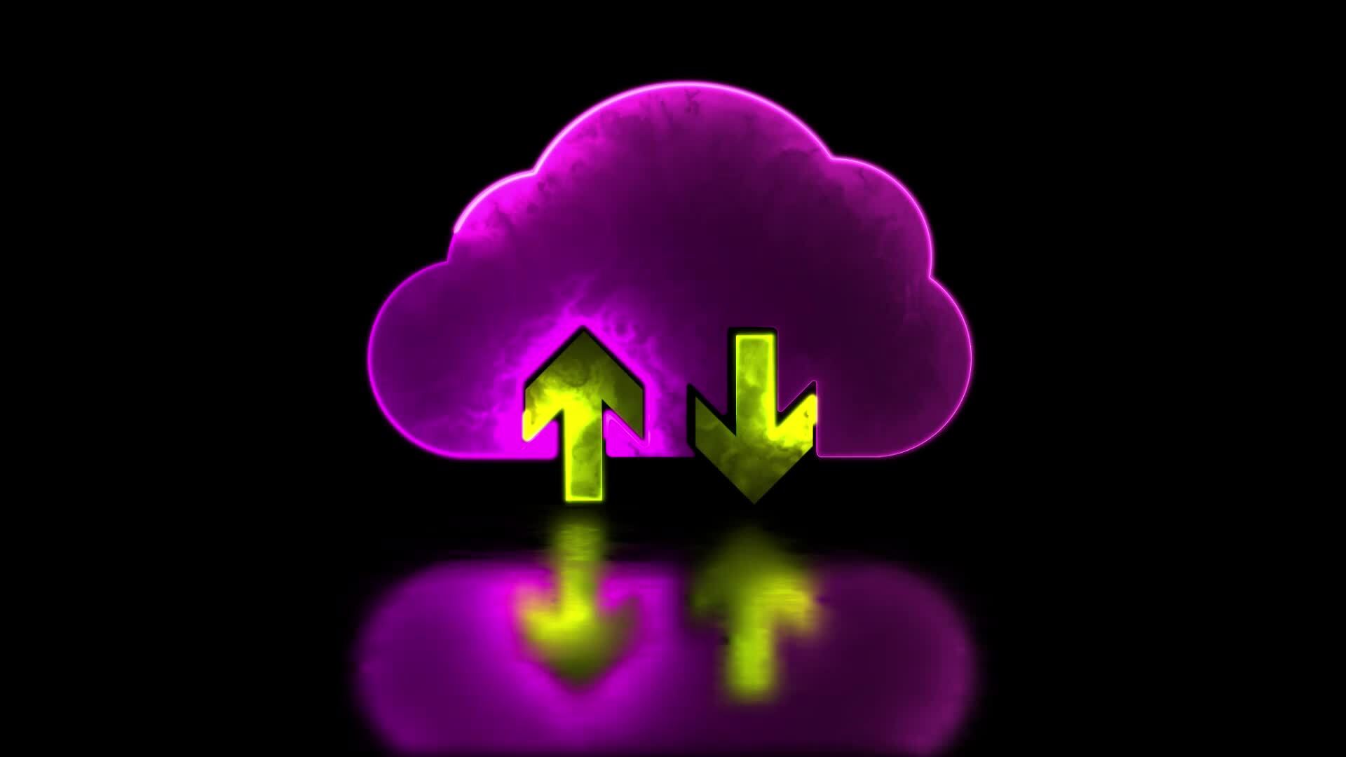 Neon light effect Cloud loading icon, send data, black background ... Neon light effect Cloud loading icon, send data, black background ...