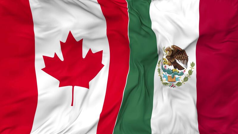 Canadá y mexico banderas juntos sin costura bucle fondo, serpenteado bache textura paño ...