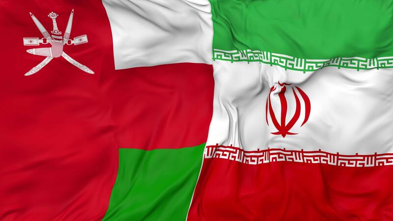 Iran and Oman Flags Together Seamless Looping Background, Looped Bump Texture Cloth Waving Slow ...