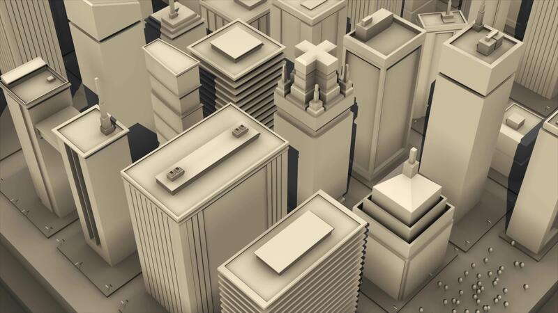 Abstract animation of 3d architectural scale model of big modern city center on white background ...