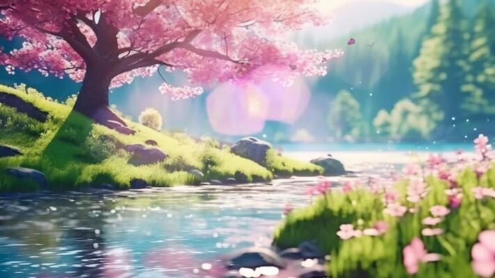 AI generated Beautiful spring nature landscape and cherry blossom tree animated background in Japanese anime style. seamless looping video animated background