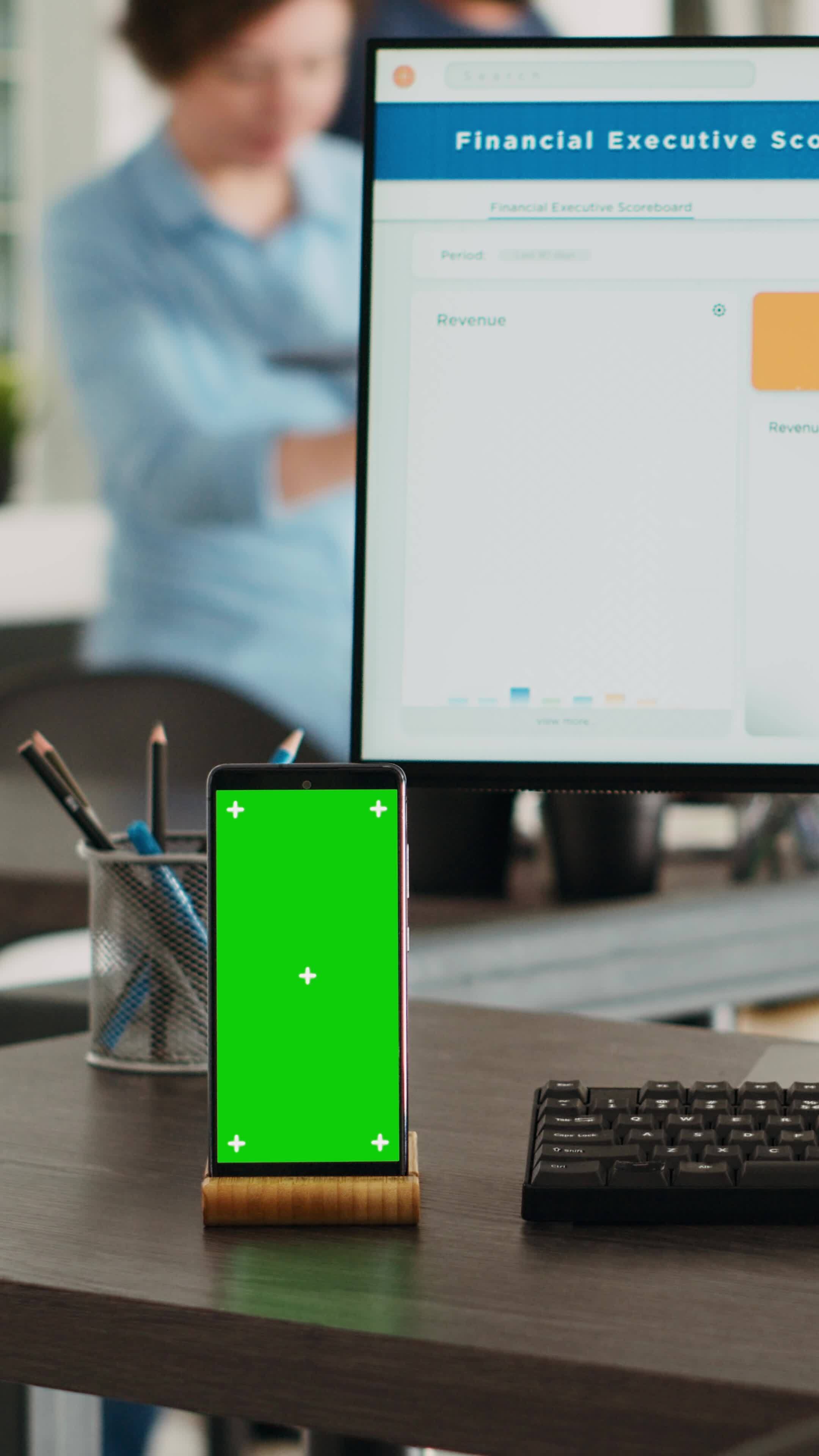 Vertical Video Empty Office Workstation With Greenscreen Running On