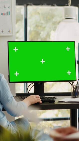 Vertical video Business manager working at monitor showing blank ...