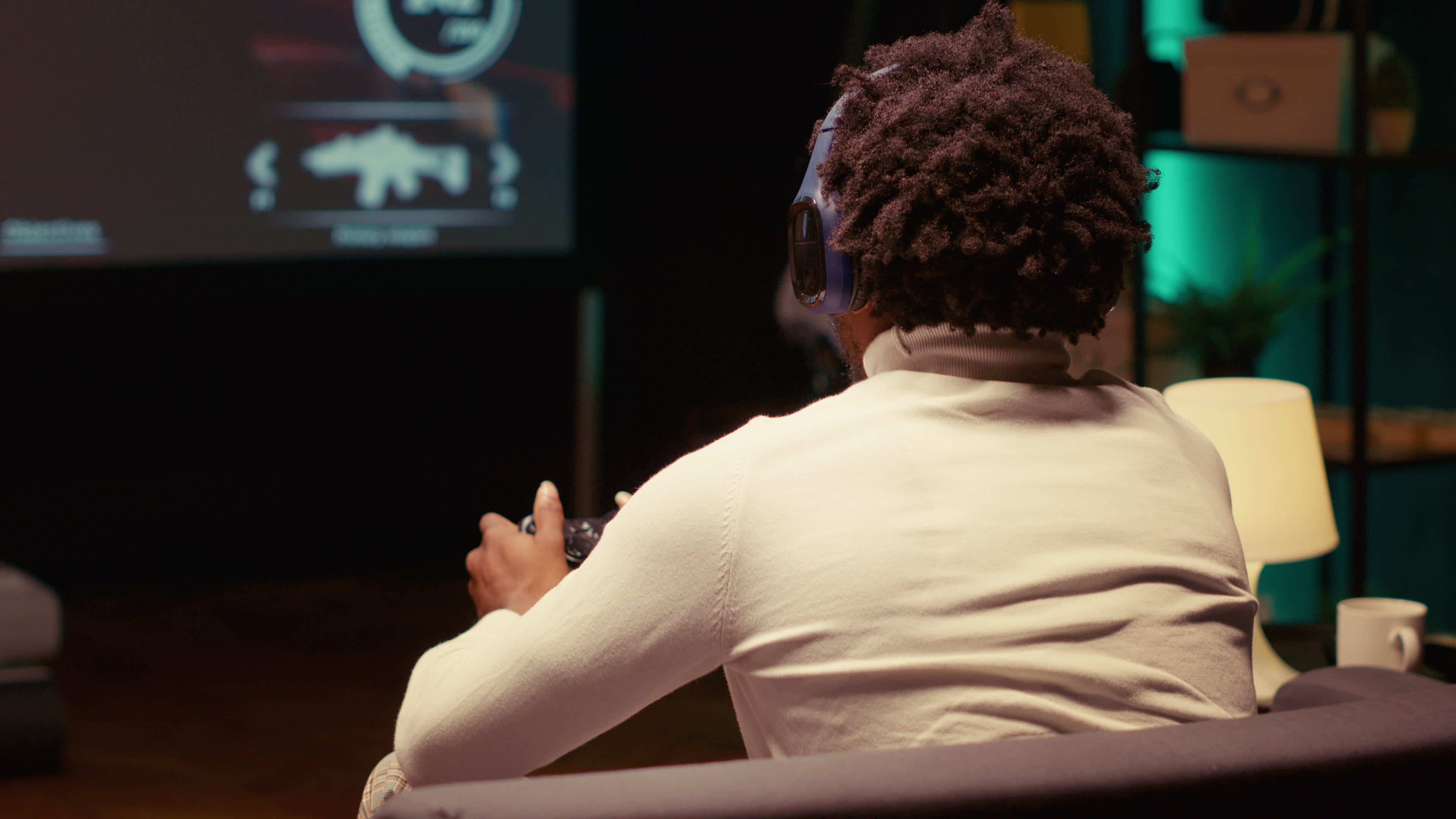 Close Up Shot Of Bipoc Man Playing Sf Fps Videogame On Widescreen Smart