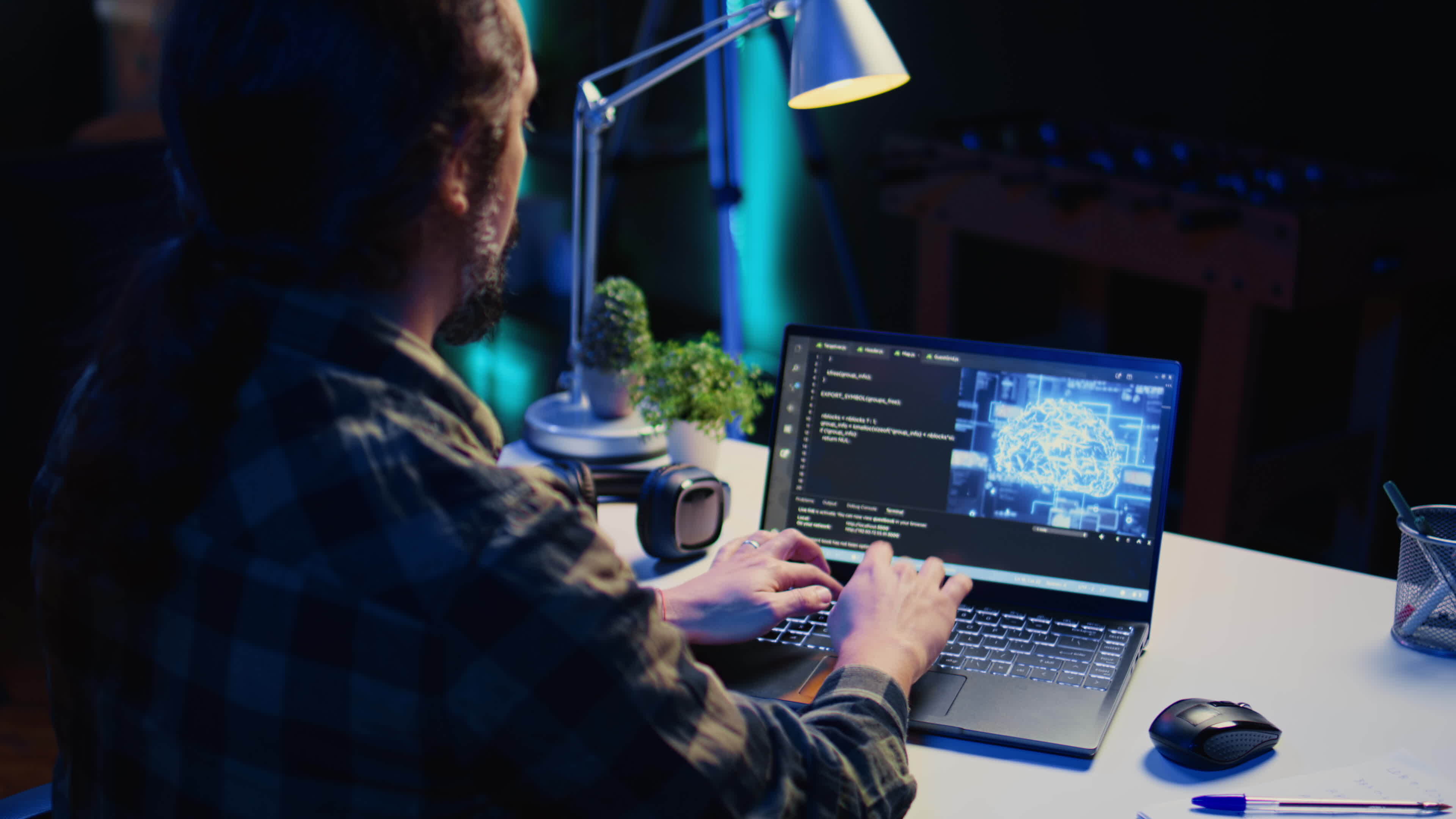 Computer Scientist Updating Artificial Intelligence Machine Learning Algorithm Writing Binary