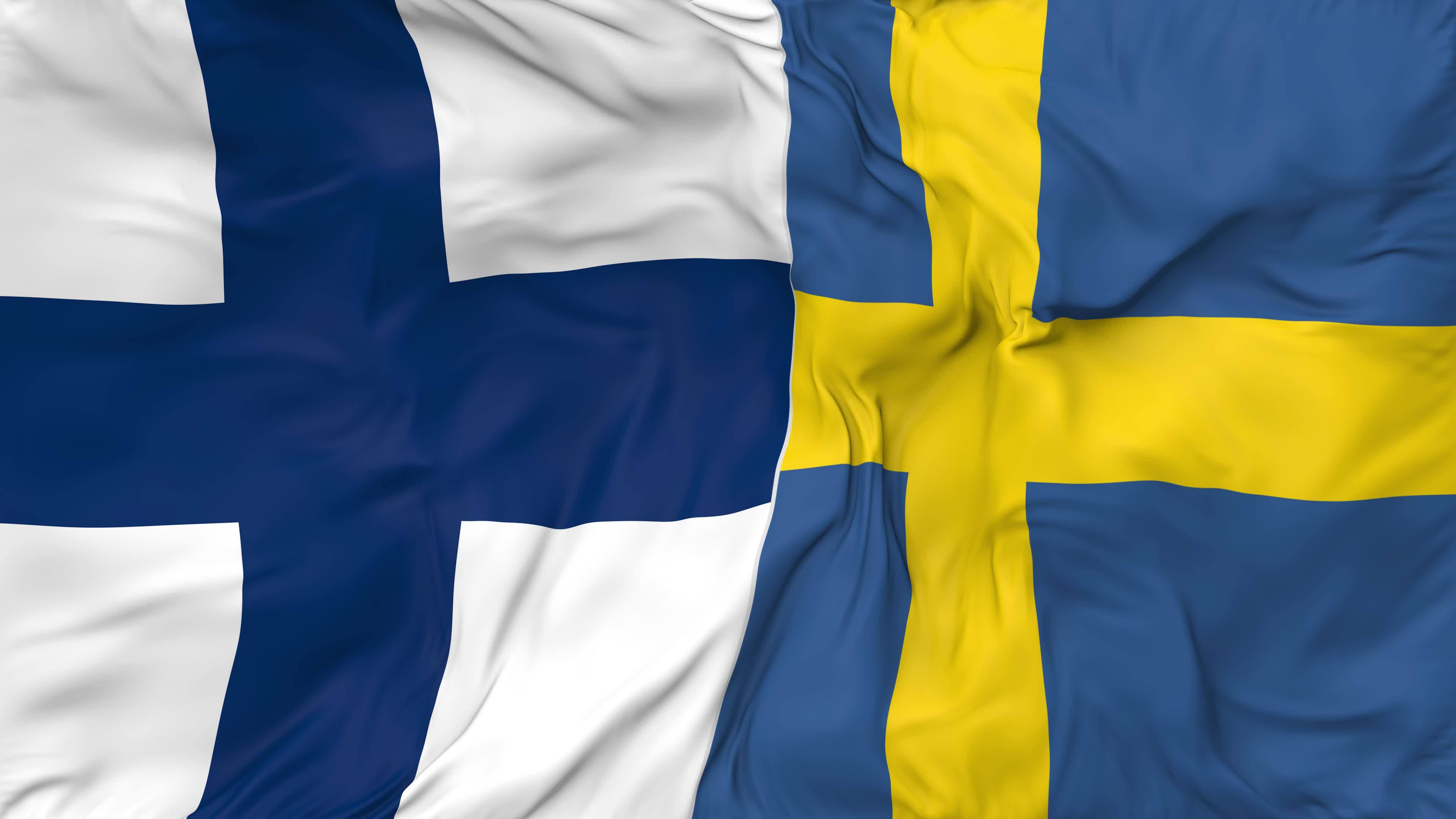 Finland and Sweden Flags Together Seamless Looping Background, Looped Bump Texture Cloth Waving ...