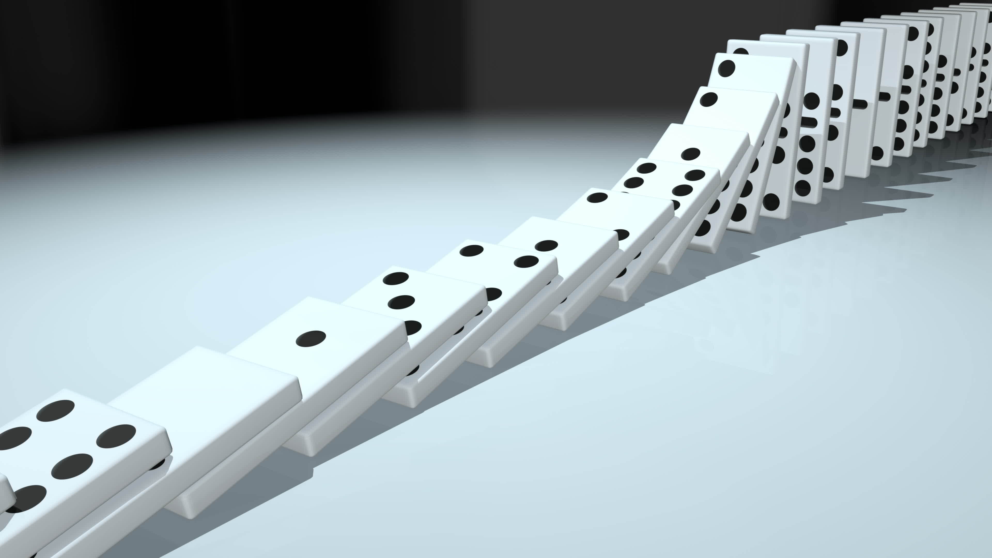 Domino effect. White dominoes falling on a gray surface. 3D animation ... Domino effect. White dominoes falling on a gray surface. 3D animation ...