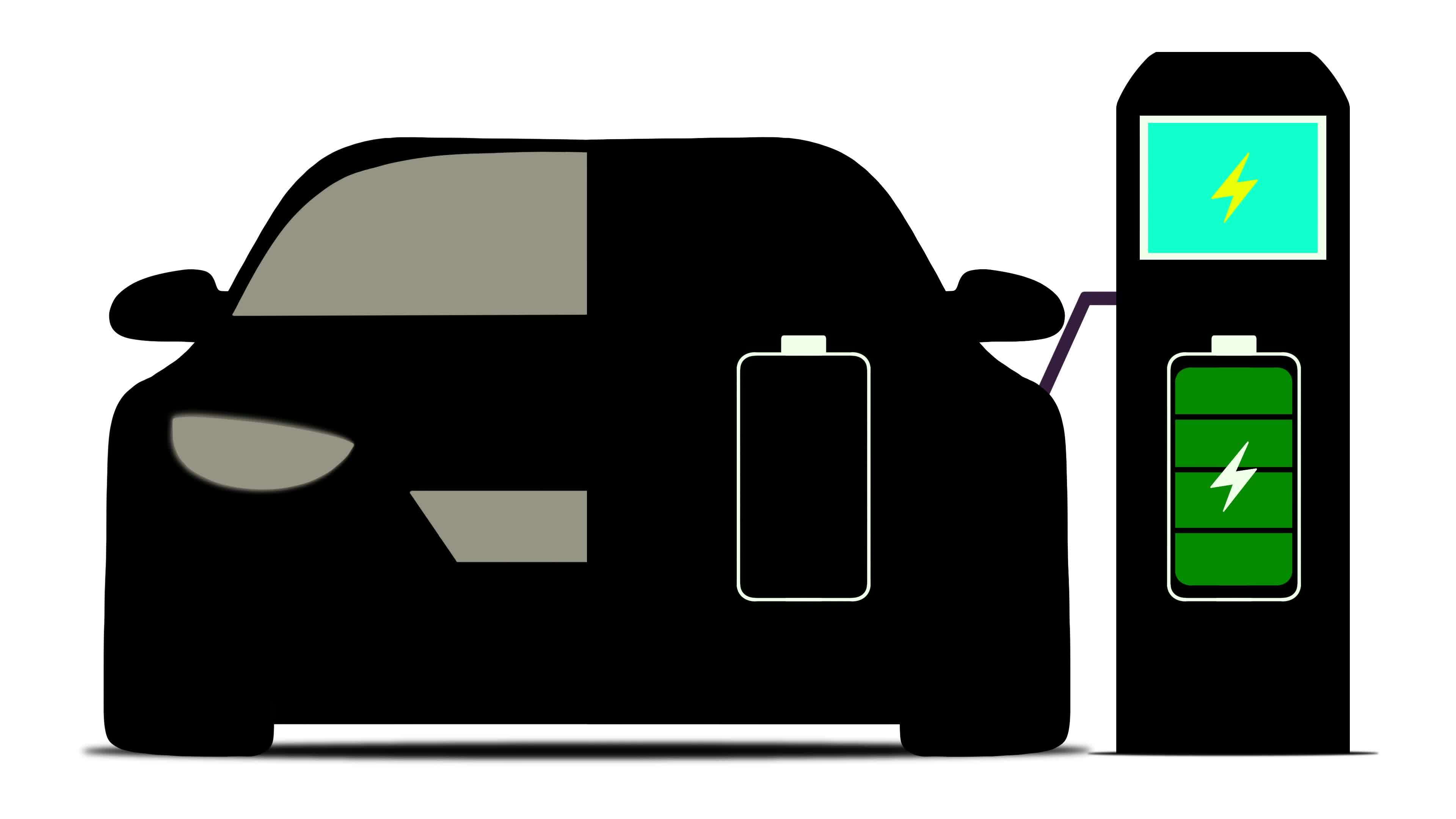 Electric Car Charging At Station With Animated Battery Charging