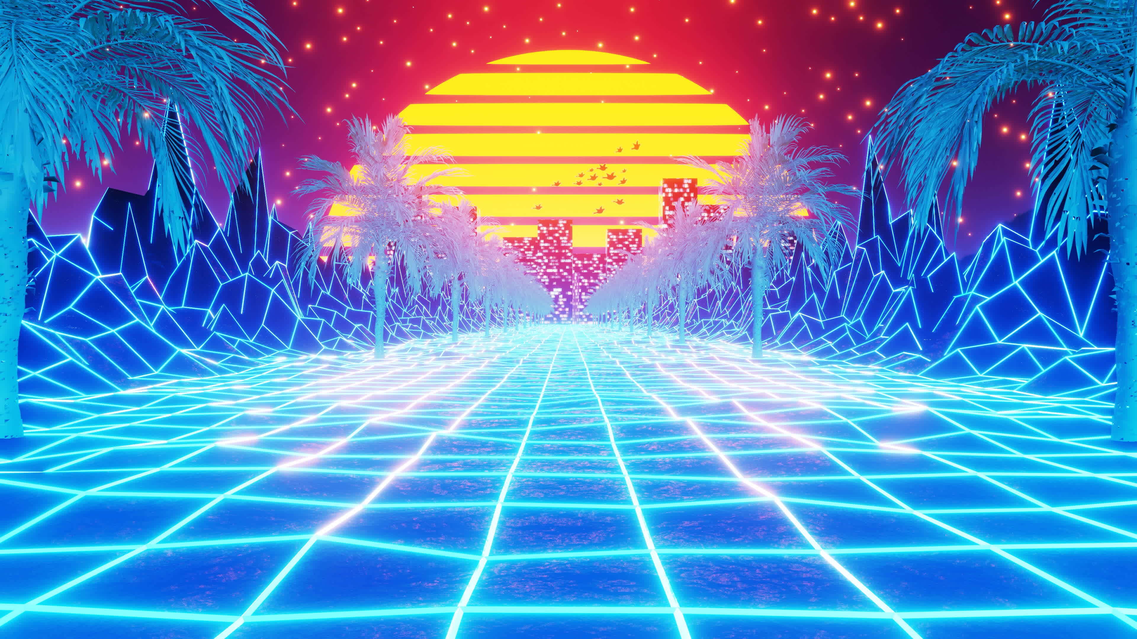 Retro 80s style synthwave sunrise with palm trees in perfect loop. 3D render animation. 38909424 ...