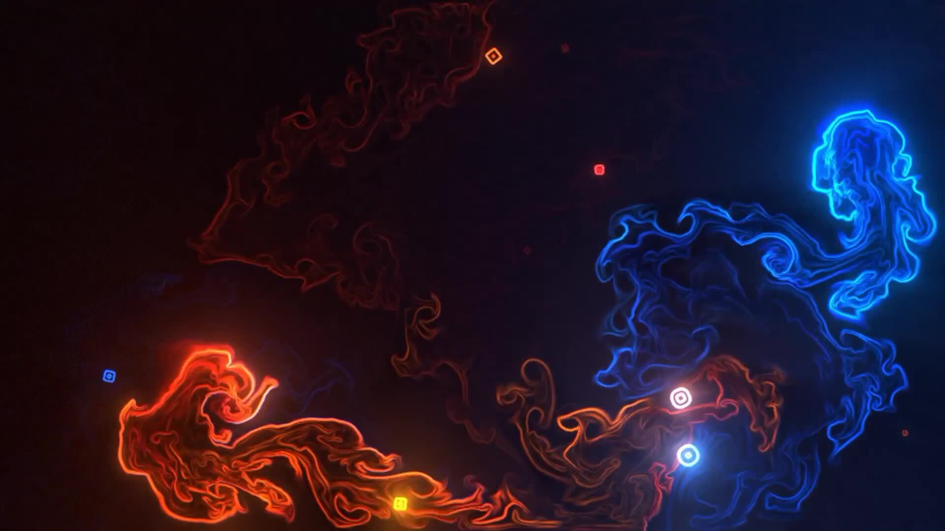 Colorful glowing fluid flames simulation with abstract geometric shapes particle animation ...
