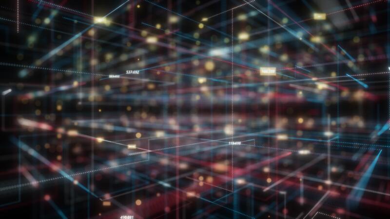 Digital data network connection in digital cyberspace hi-tech technology bokeh background ...