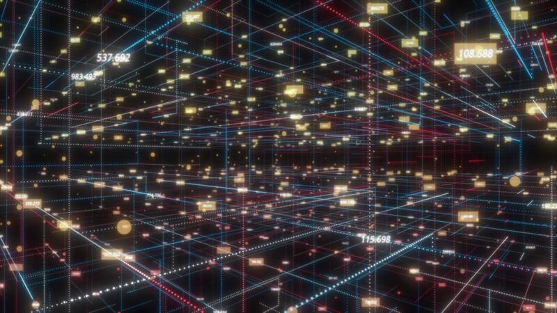 floating through Digital data network connection in digital cyberspace hi-tech technology bokeh ...