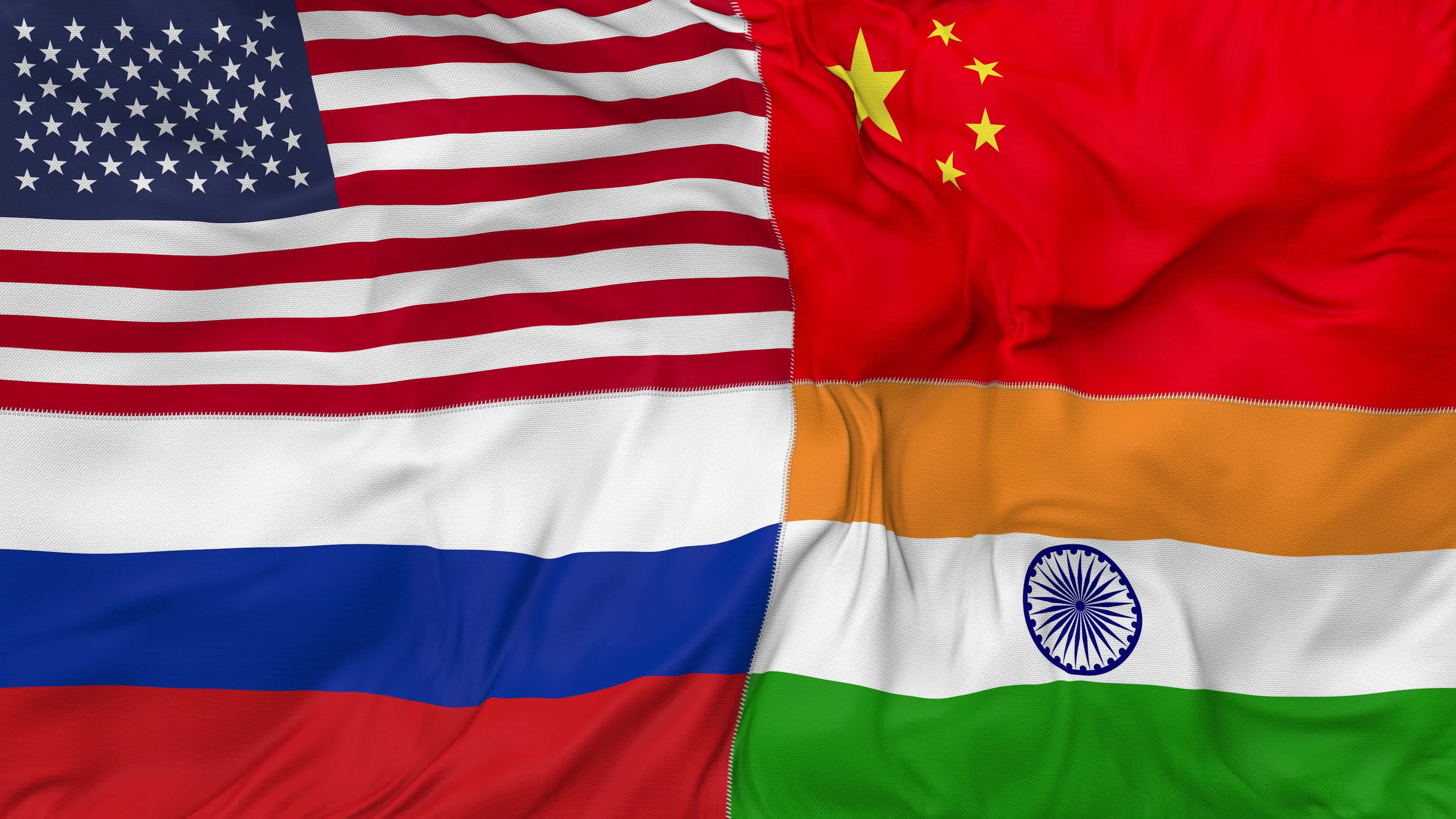 India, China, Russia and United States, USA Flags Together Seamless ...