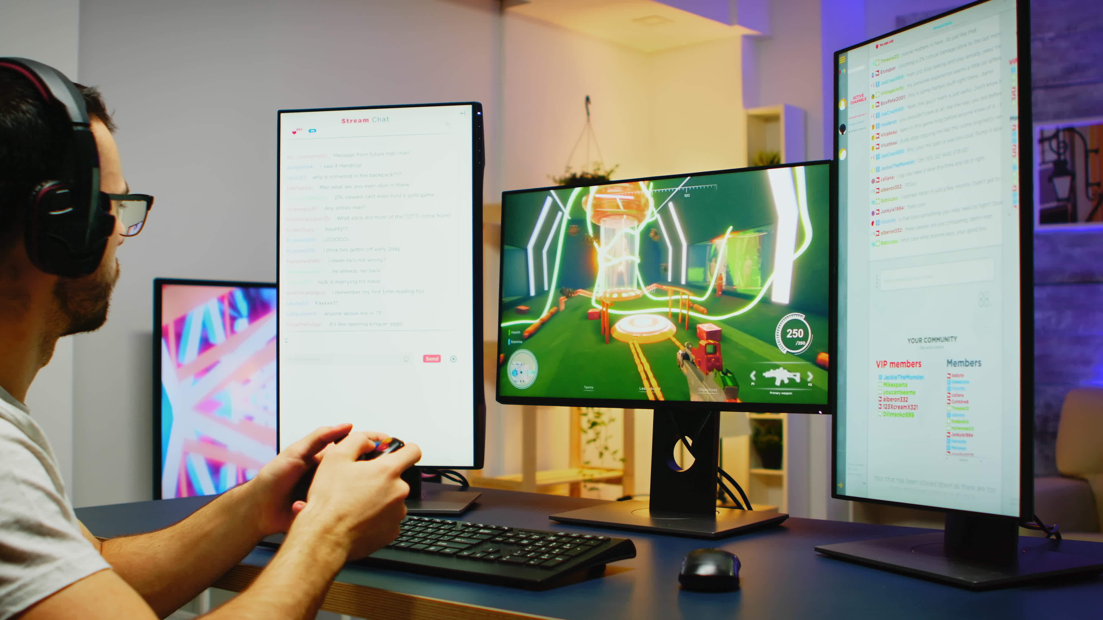 Zoom in shot of young man playing shooter games using wireless controller on powerful PC with ...