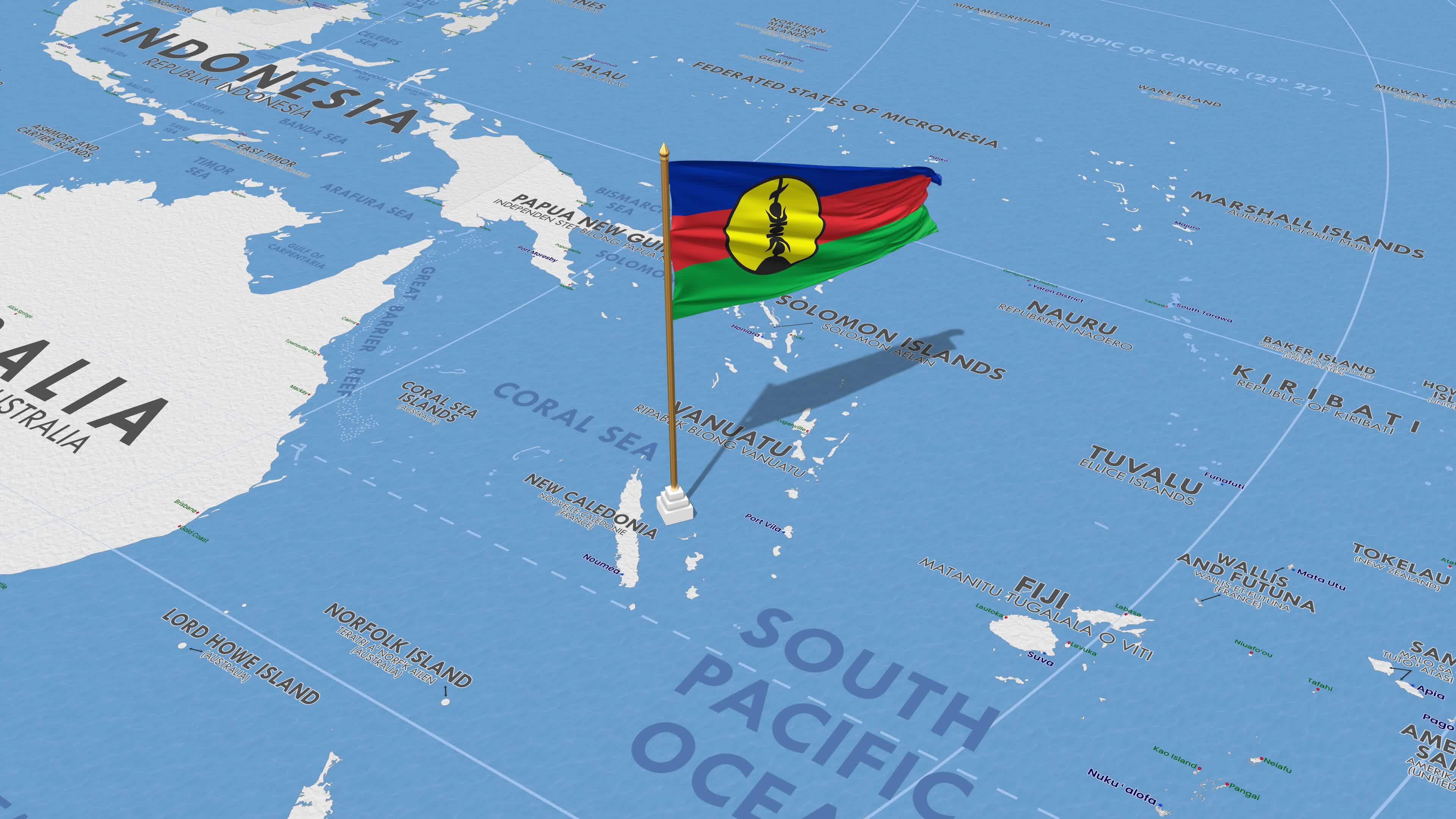 New Caledonia Flag Waving with The World Map, Seamless Loop in Wind, 3D ...