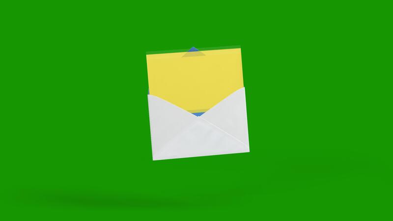 3D Envelope opening animation Mail, paper reveal invitation letter or card animated on green ...