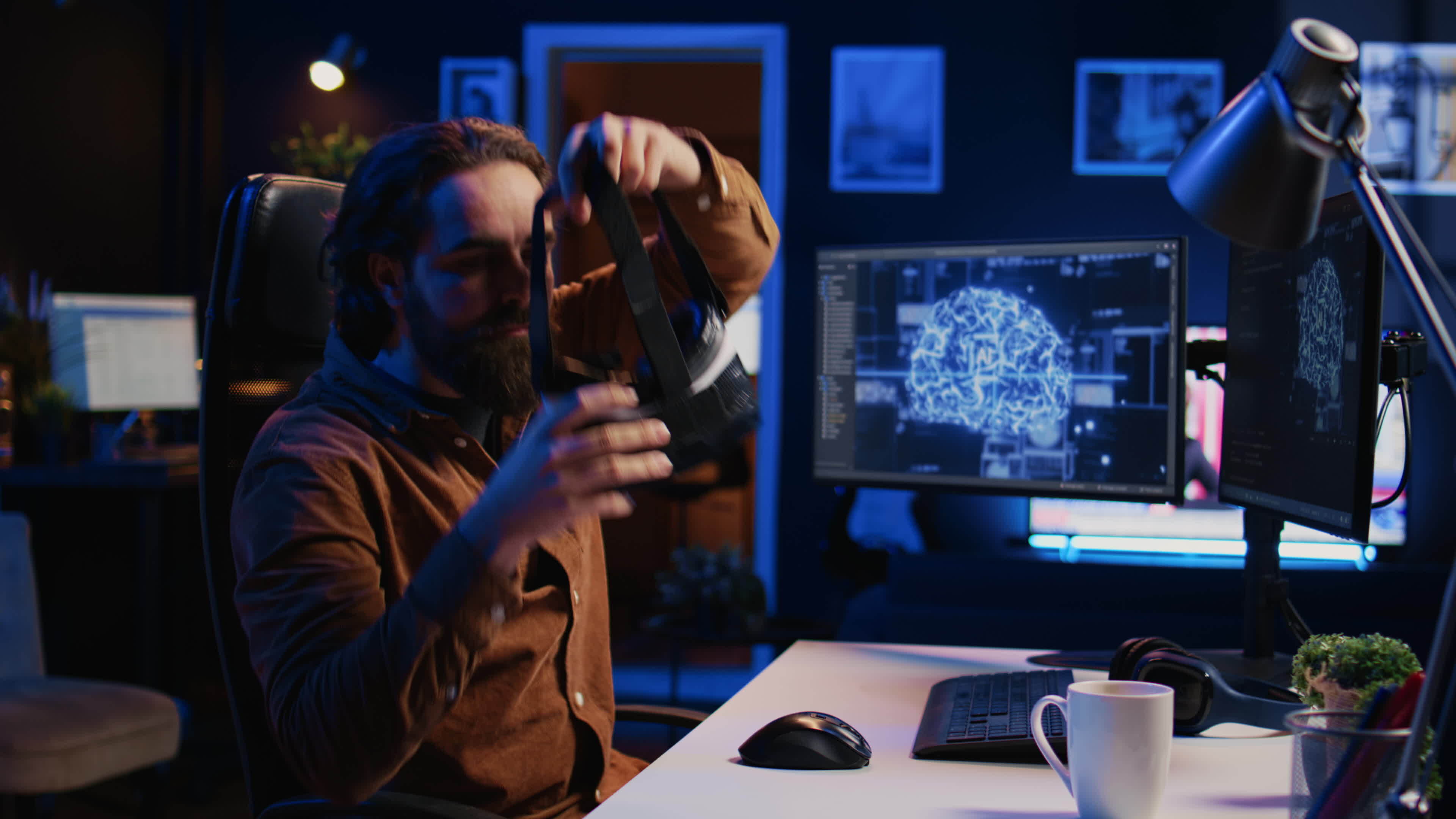 Developer wearing VR headset panicking after AI mind gains sentience, hastily removing goggles ...