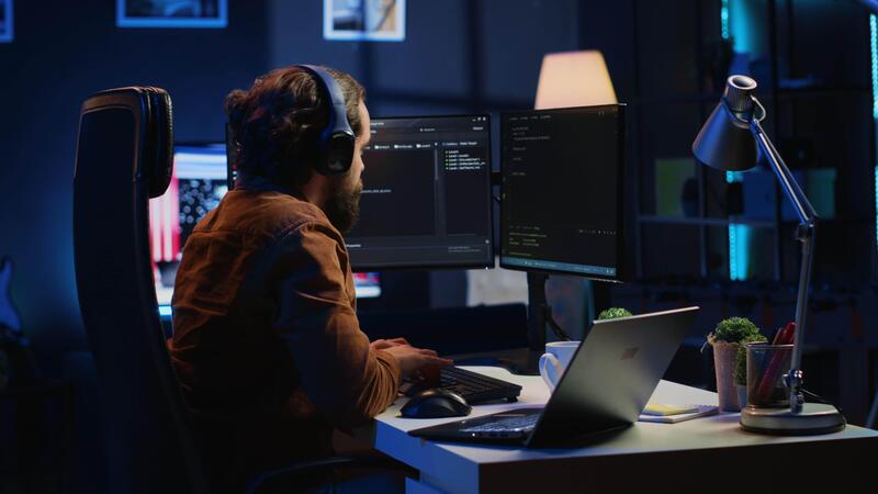 Time Lapse Of Freelancing Software Developer Typing Complex Code In Rgb Lit Home Office