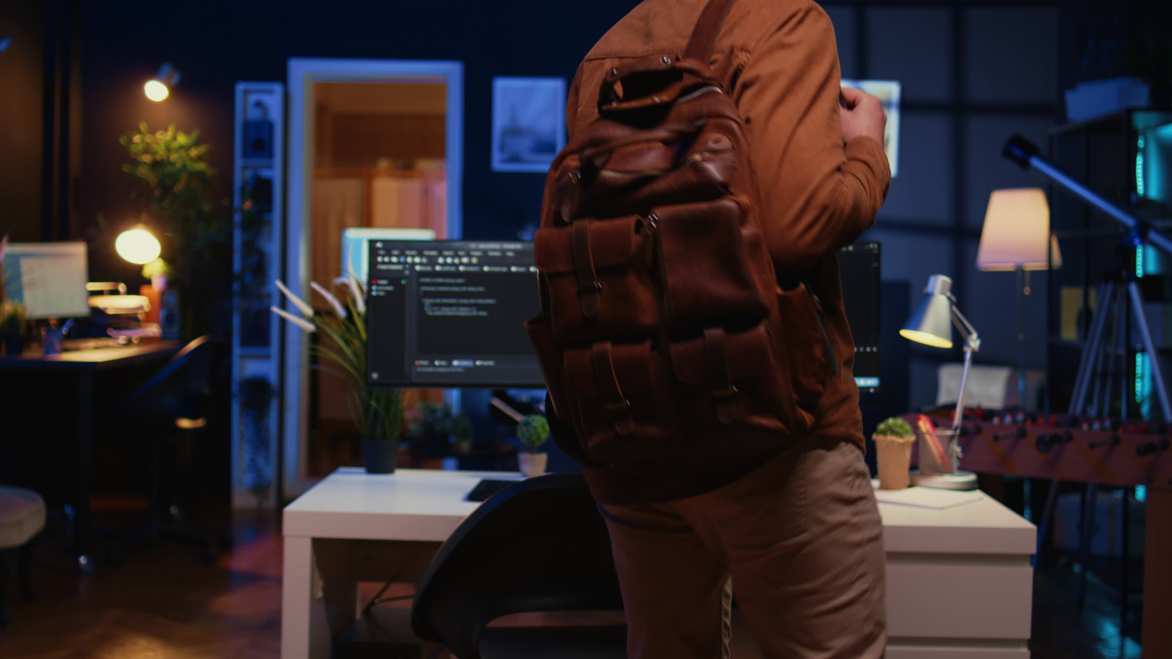 Remote Software Developer Arriving In Personal Office At Home Starting Job Shift With Cup Of