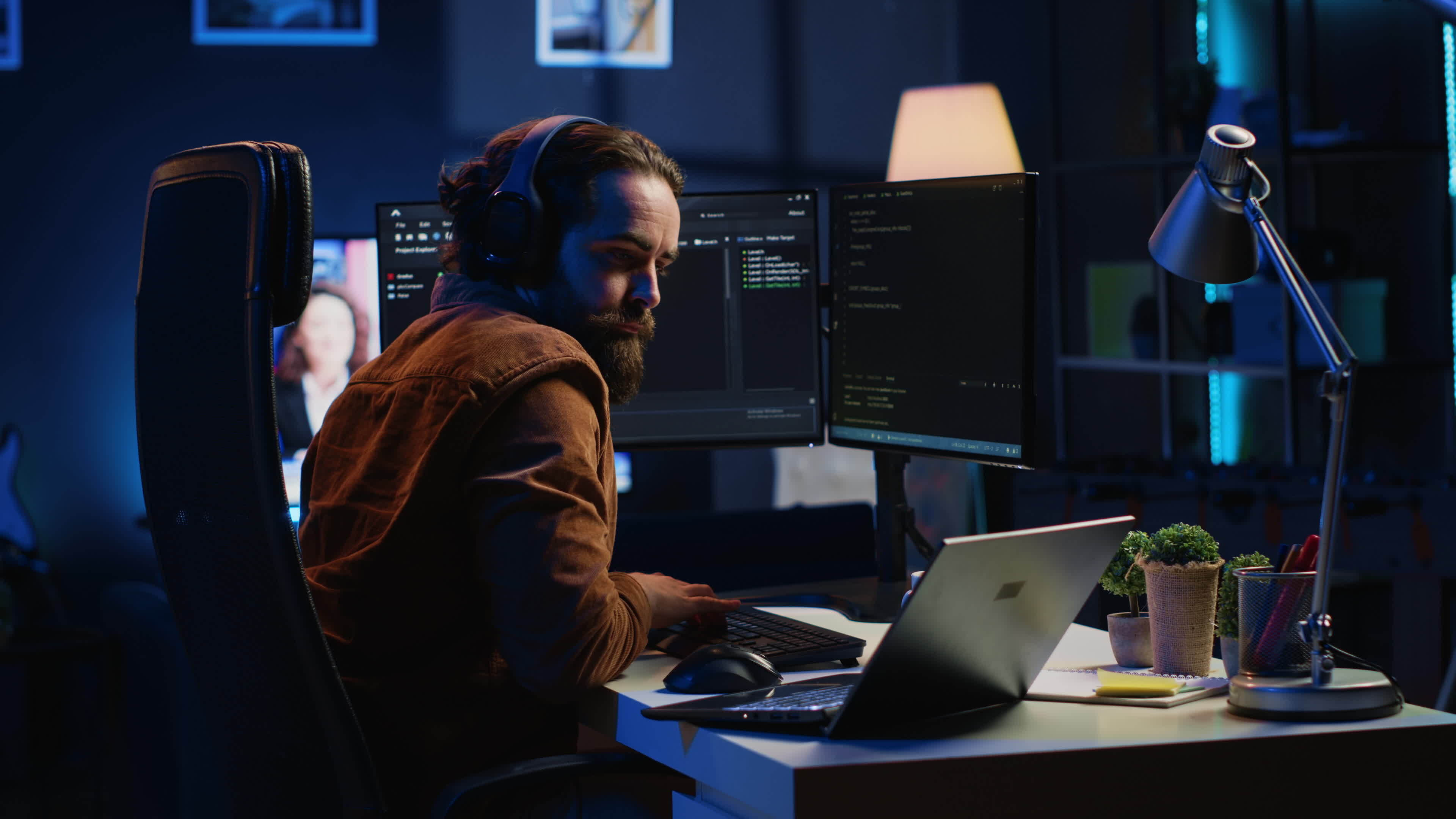 Fatigued developer working overnight at home, rubbing eyes while taking ... Fatigued developer working overnight at home, rubbing eyes while taking ...
