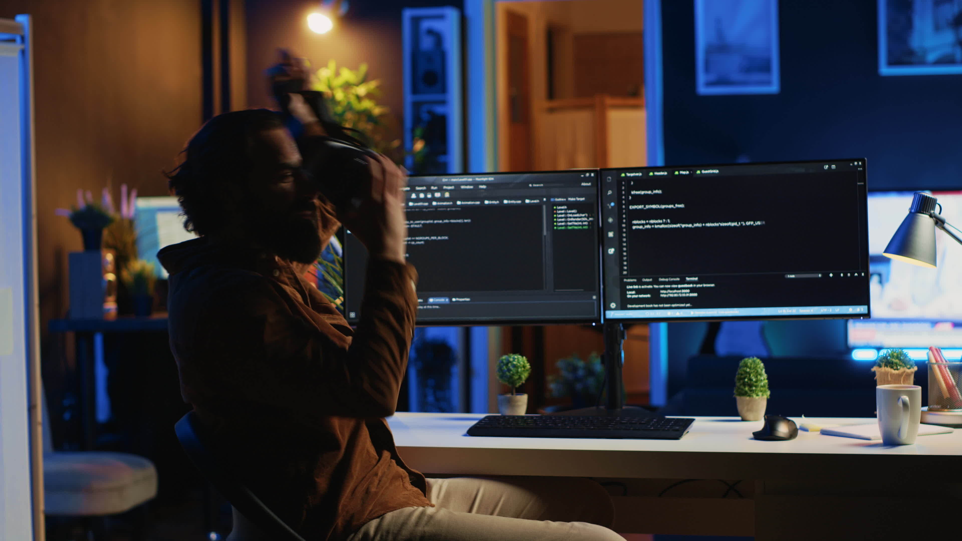 Teleworking Programmer Using Futuristic Vr Glasses In Home Office To Do Javascript Programming
