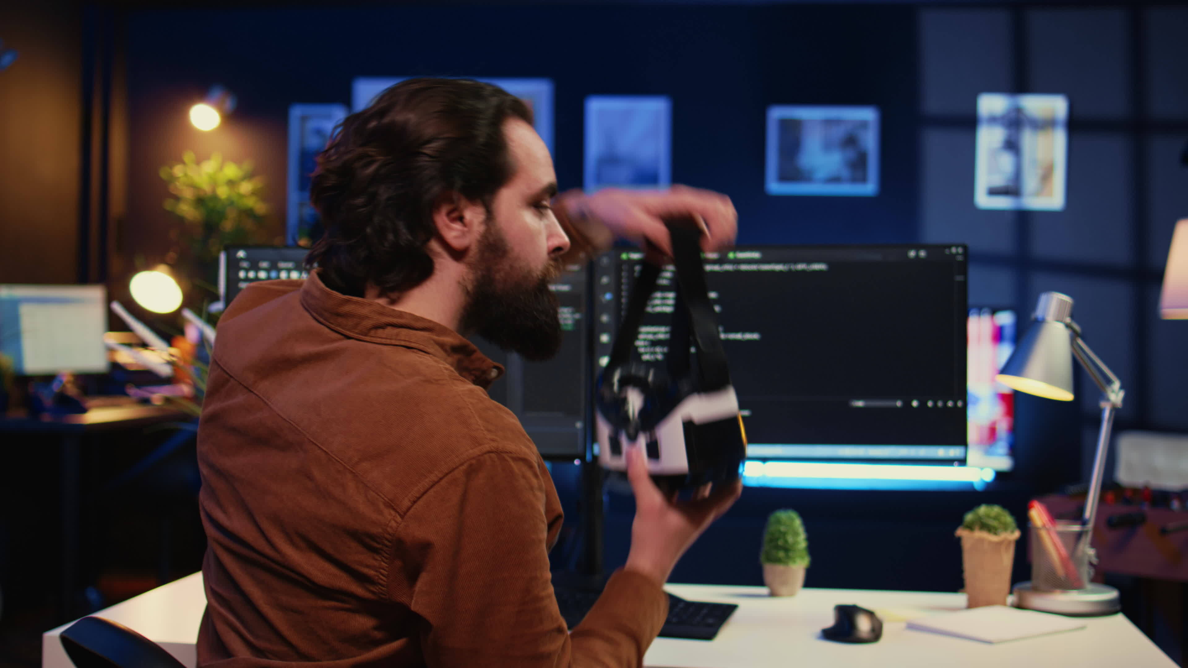 Remote Software Developer Using Vr Goggles In Personal Office At Home To Do Javascript