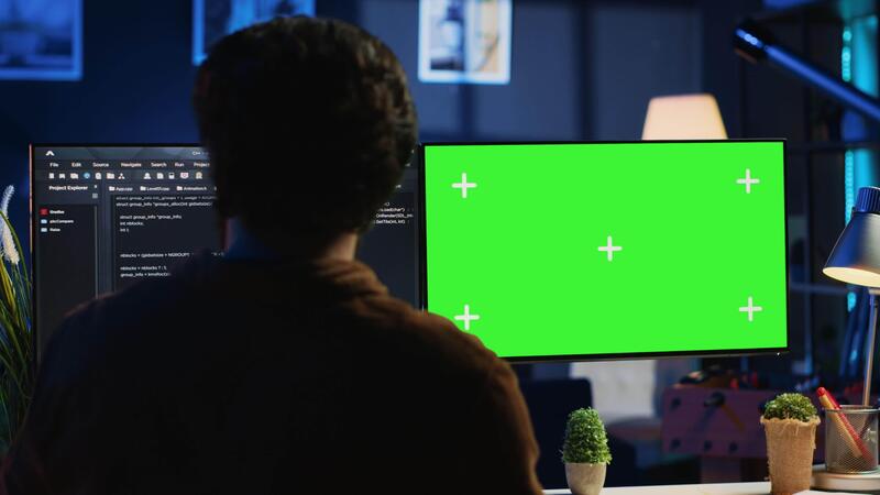 Programmer Typing Complex Code On Green Screen Computer In Neon Lit Home Office Developing