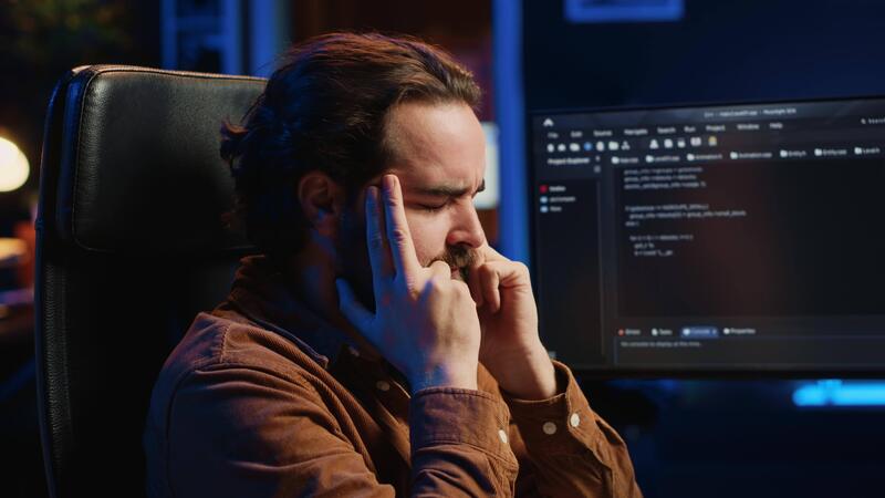 Annoyed software technician rubbing temples in frustration after failing to remove bugs ...