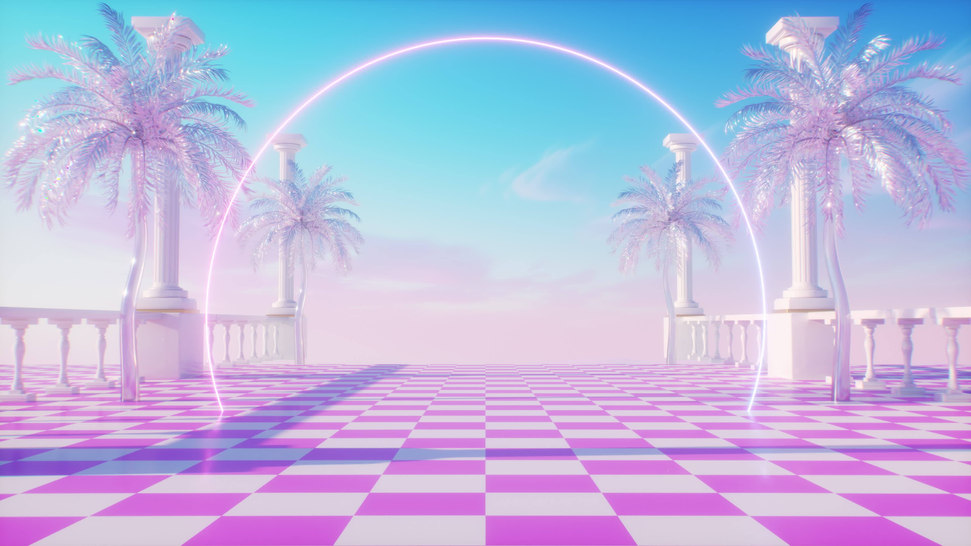 Synthwave Background With Palm Trees And Rotating Neon Glowing Frame