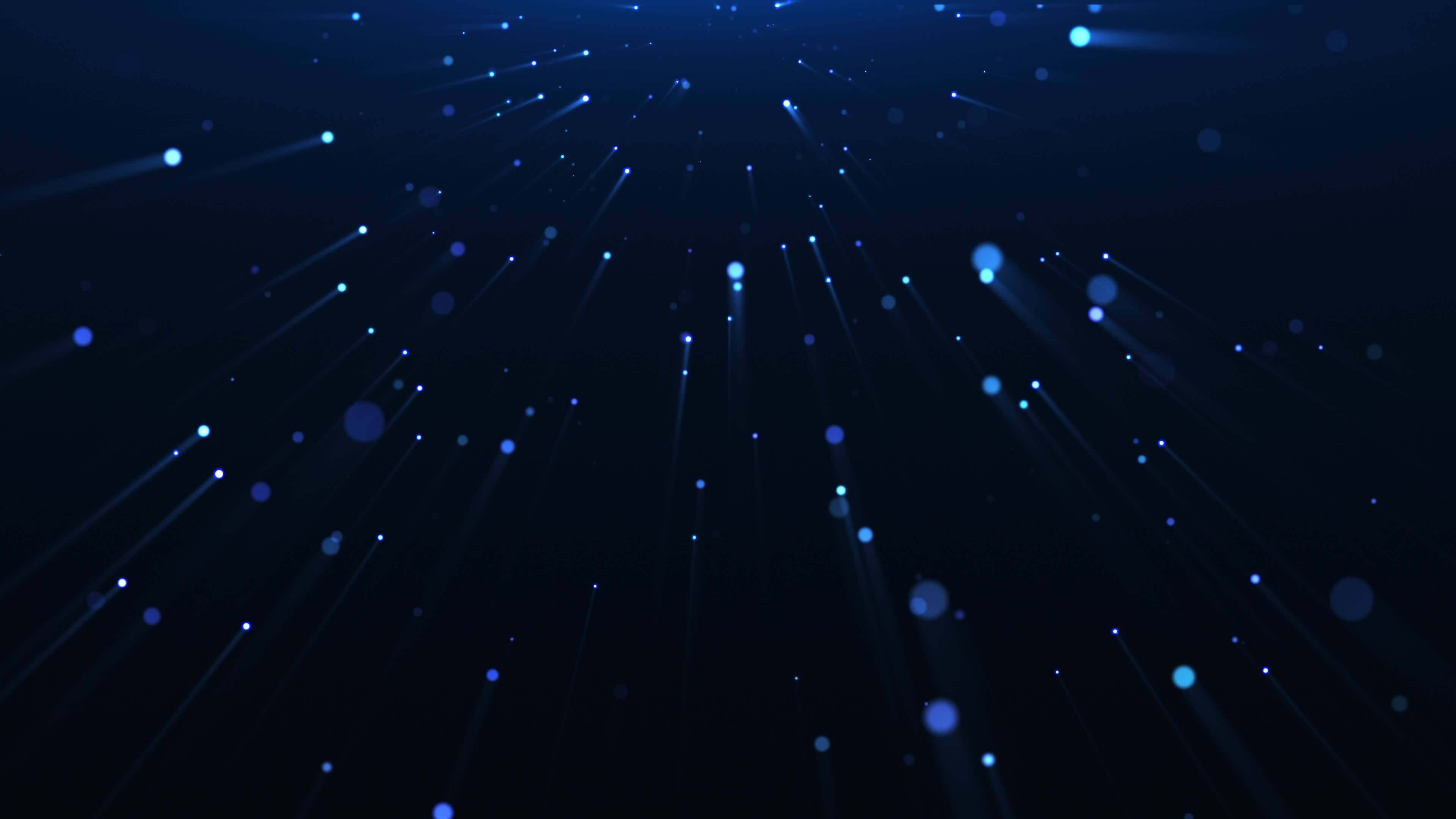 Abstract blue particles background. The dots emit rays of light and move downwards. Beautiful ...