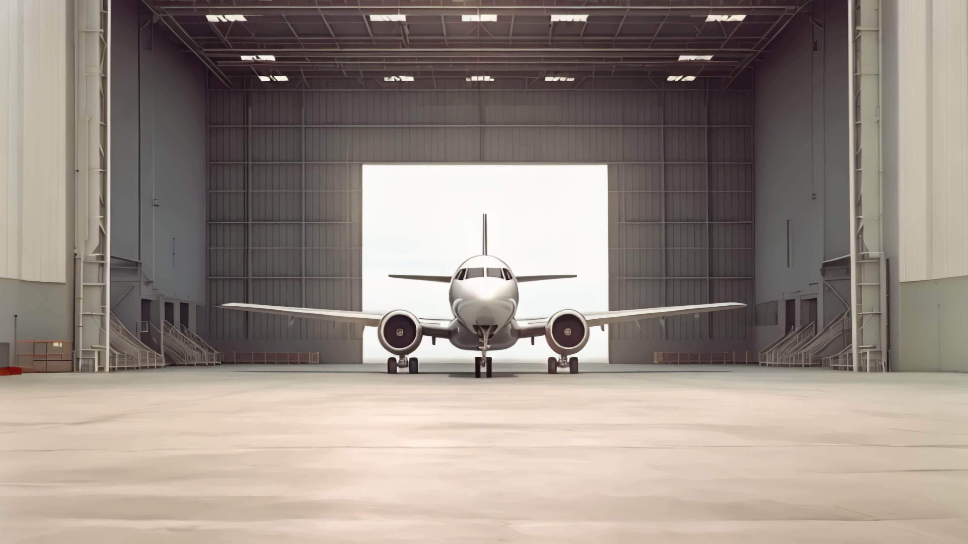 AI generated 3d rendering of an airplane in an empty hangar with a door ...