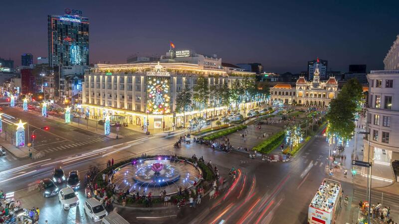 Cityscape view of Nguyen Hue Walking Street, Ho Chi Minh city, Vietnam. Beautiful night view ...