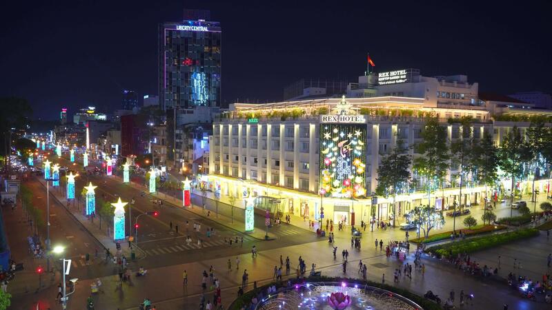 Cityscape view of Nguyen Hue Walking Street, Ho Chi Minh city, Vietnam. Beautiful night view ...