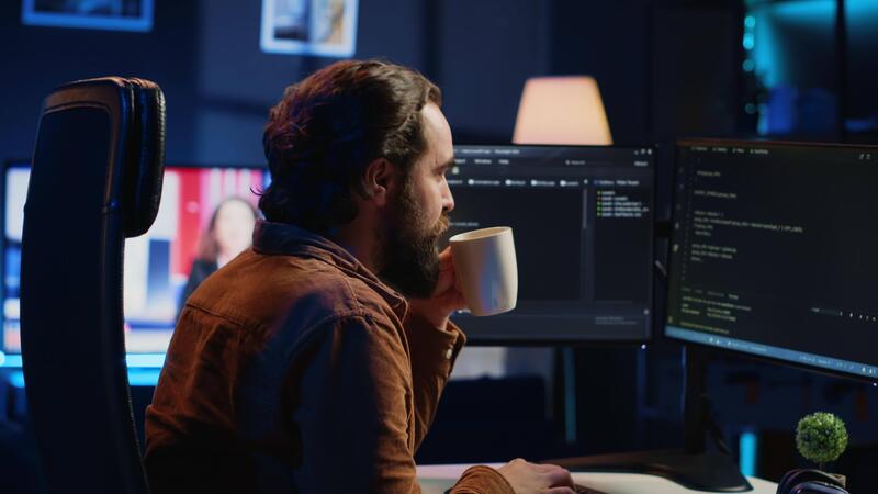 Stressed engineer feeling pressed by deadline, thinking how to finish developing code on PC. IT ...