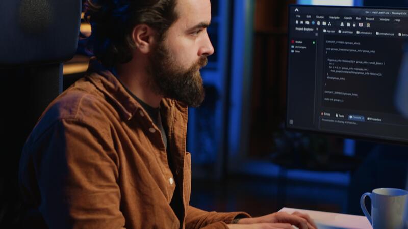 Focused programmer drinking coffee in apartment while solving database ... Focused programmer drinking coffee in apartment while solving database ...